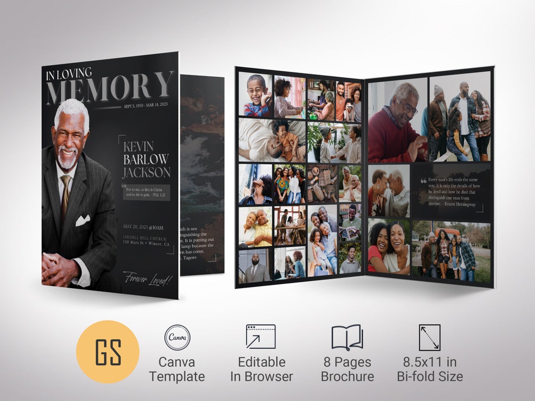 Dawn Tabloid Funeral Program Template, Canva Template, Black Gray ...