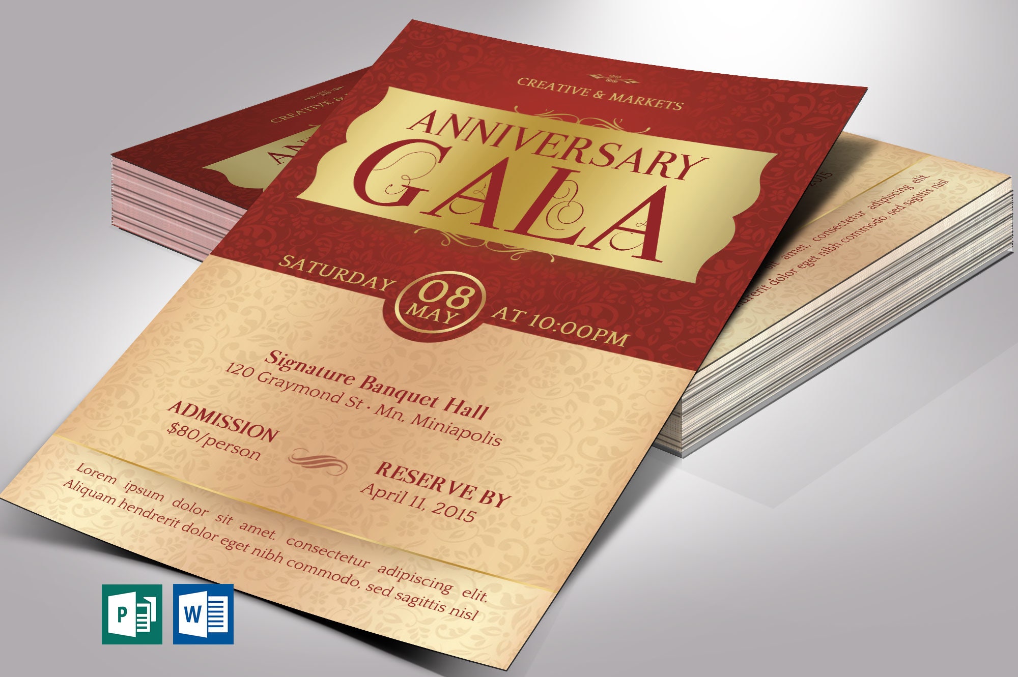 Red Gold Anniversary Gala Flyer Template: 4x6" Banquet Invitation (word ...