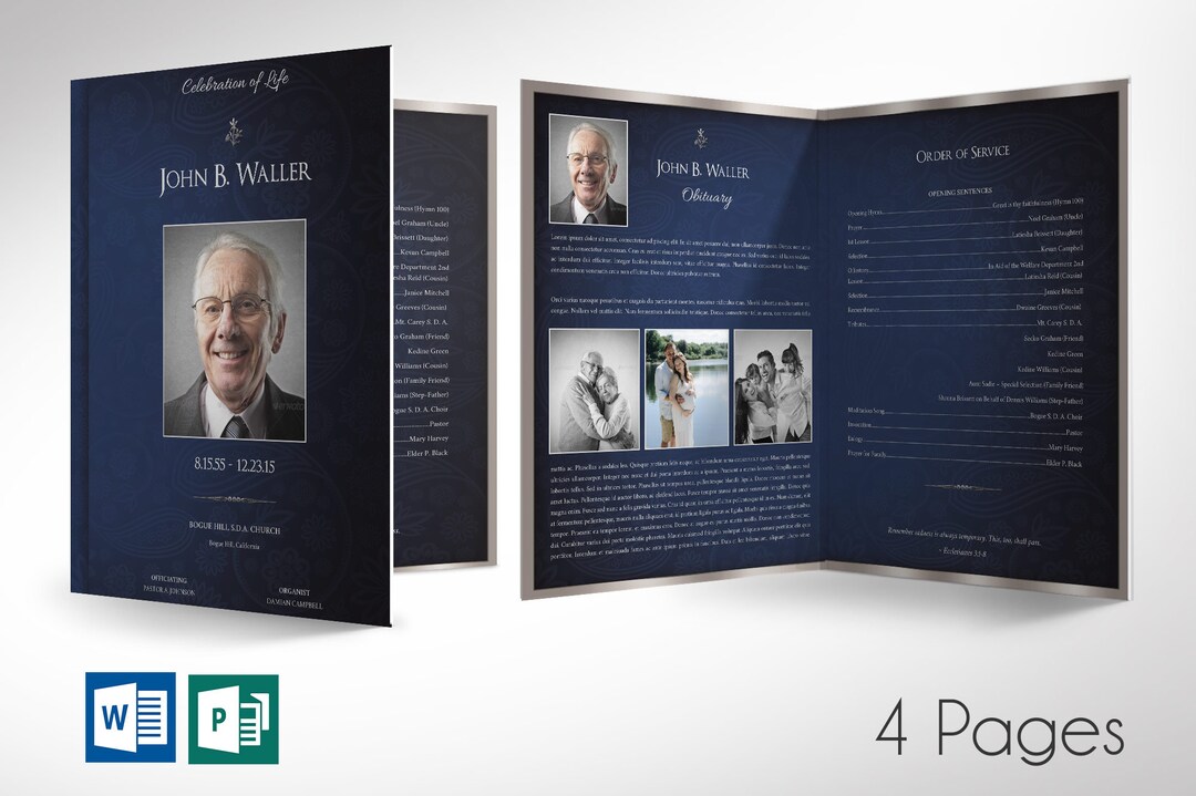 Blue Silver Funeral Program Template: Obituary, Celebration of Life ...