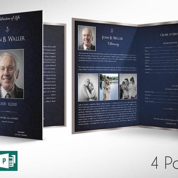 Blue Funeral Program Word Template - Etsy