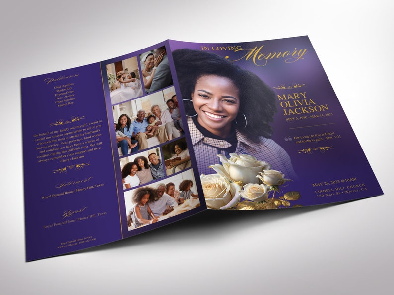 Classic Rose Funeral Program Template: Purple & Gold, 8-page Magazine ...