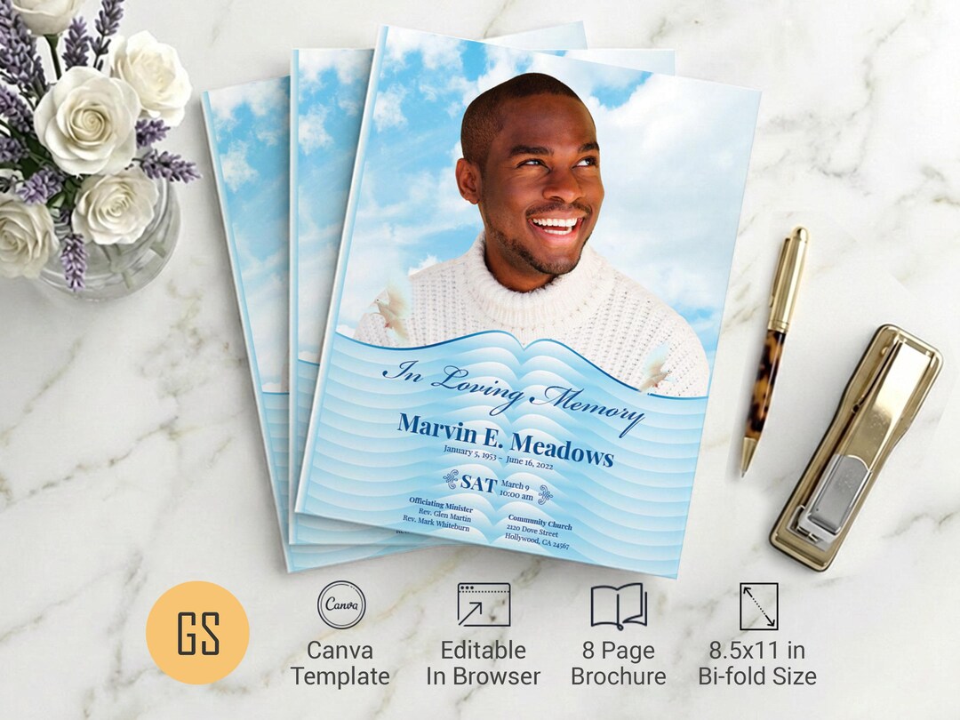 Baby Blue Waves Funeral Program Template for Canva: 8-page Bifold ...