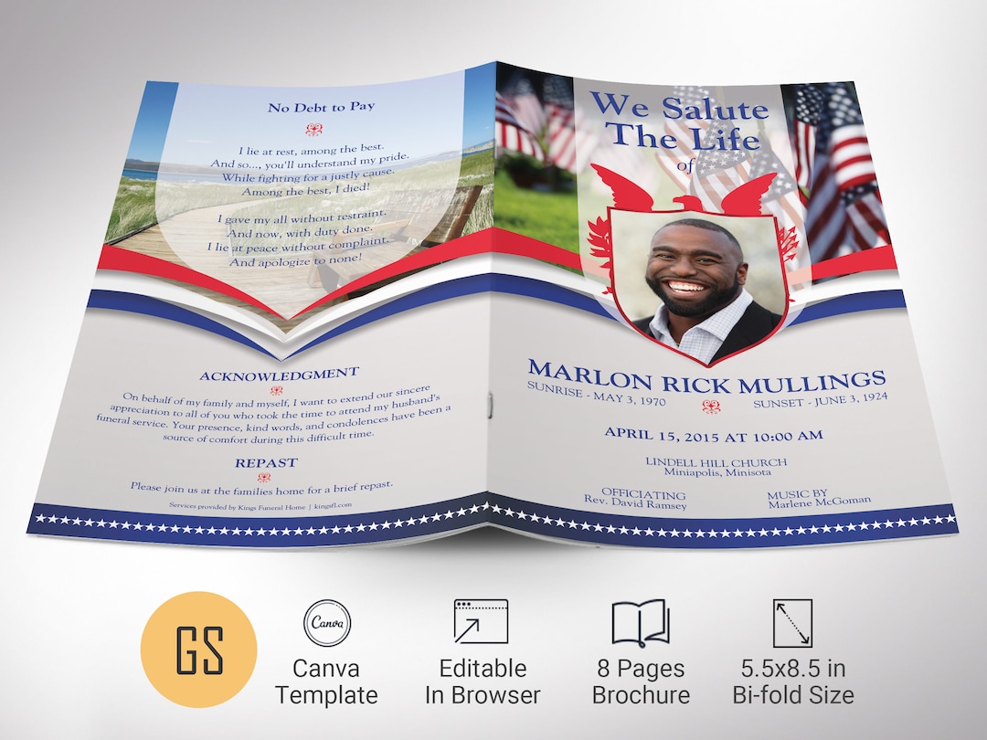 Military Funeral Program Template for Canva, American Flag, Celebration ...