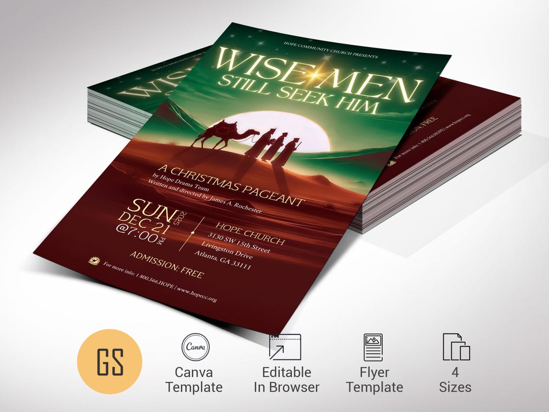Wise Men Christmas Flyer Template | Green Gold Canva Design | Church ...