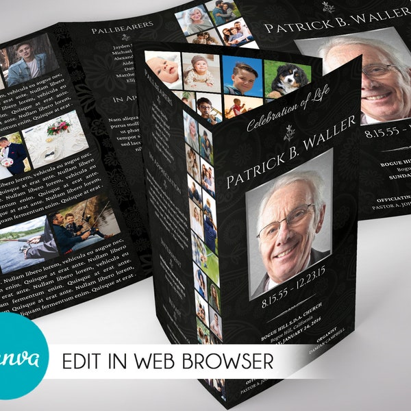 Black and Silver Trifold Funeral Program Template - Etsy