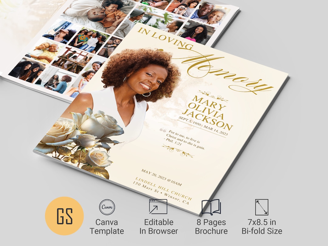 Rose Funeral Program Template: Beige Gold, Magazine Style Obituary ...