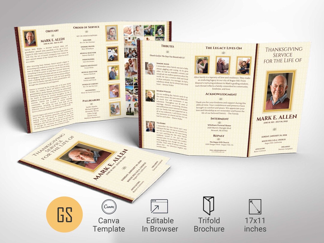 Legacy Tabloid Trifold Funeral Program Template for Canva, Beige Gold Brown, Celebration of Life ...