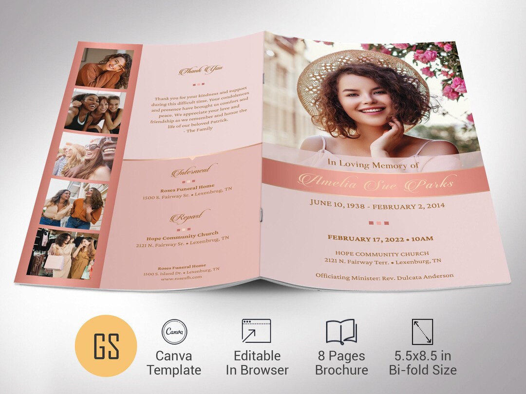 Remember Funeral Program Canva Template, Rose Gold Celebration of Life ...