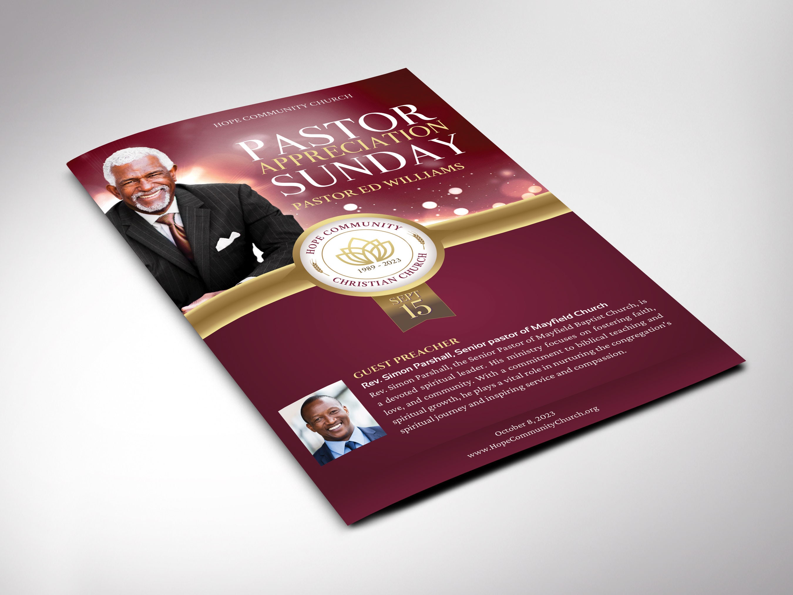 Pastor Appreciation Program Template: Burgundy Gold Church Event (canva ...