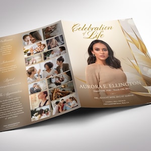 Beige Funeral Program Template for Canva, 8-page, Paradise Beige & Gold ...