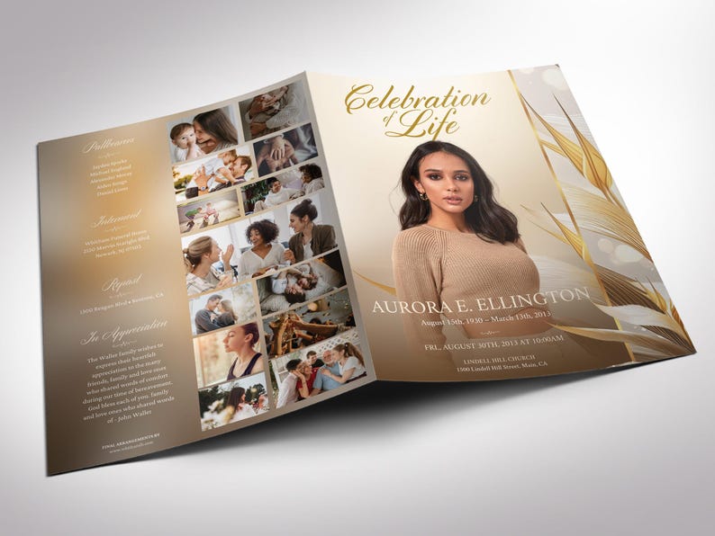 Beige Funeral Program Template for Canva: 8-page Paradise Bifold ...