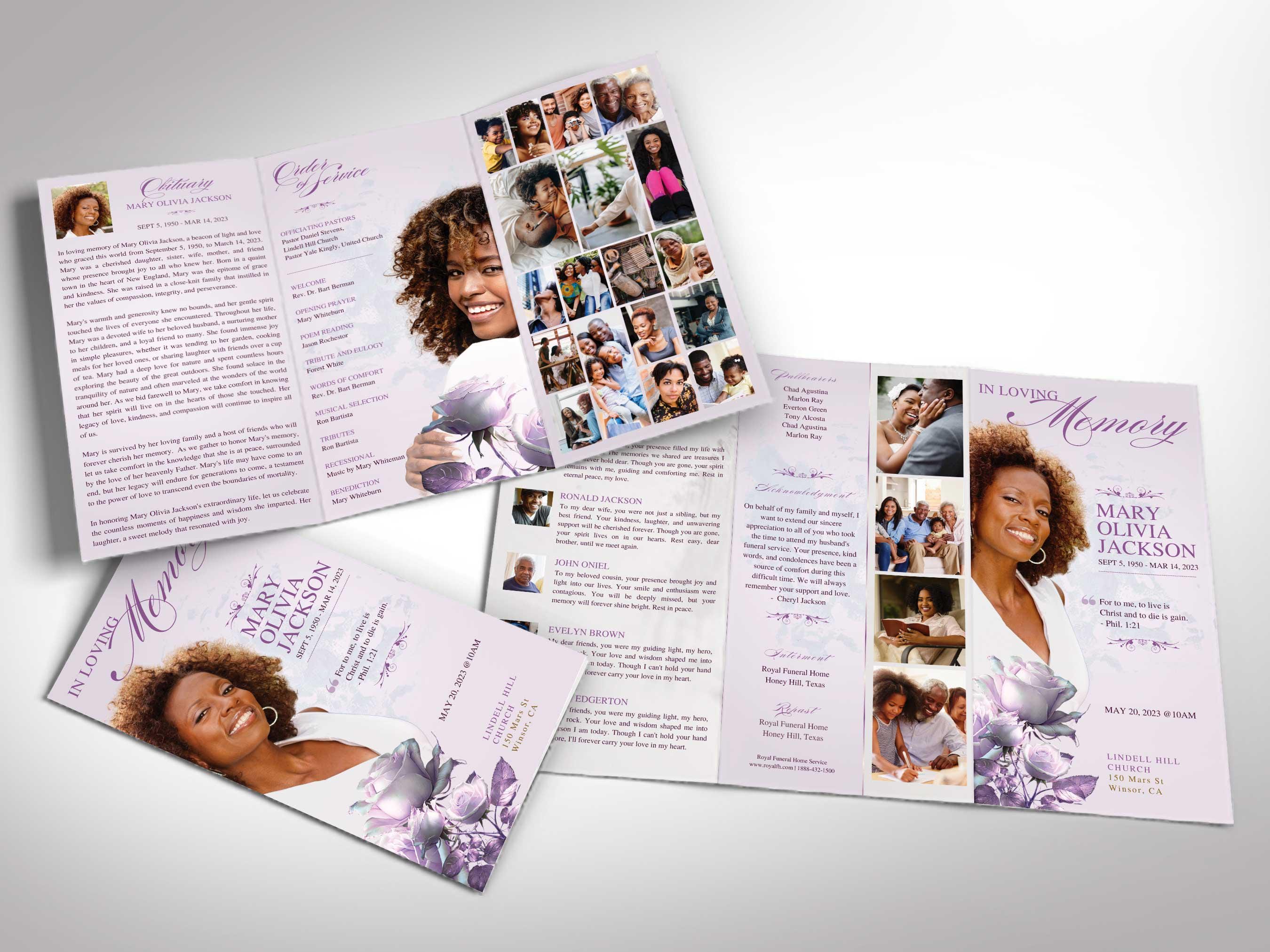 Classic Rose Funeral Program Template for Canva: Pastel Purple Trifold ...