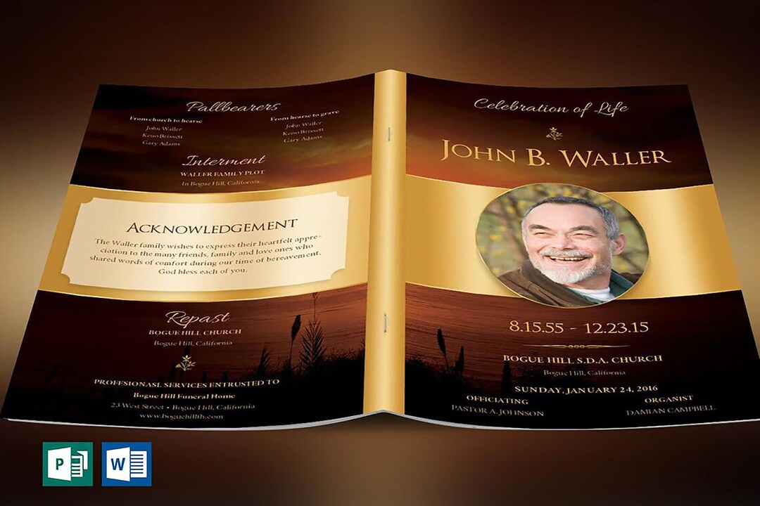 Sunset Funeral Program Template, Gold Brown, Word and Publisher ...