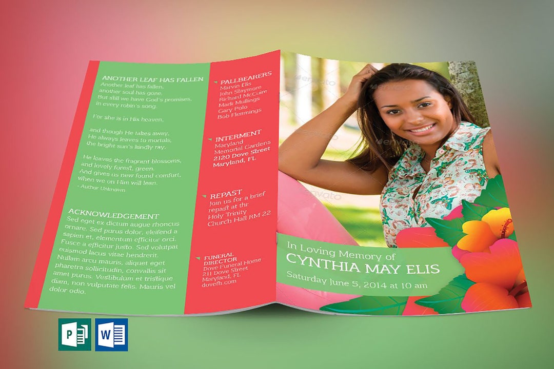 Tropical Funeral Program Template Set, Word and Publisher, Memorial ...