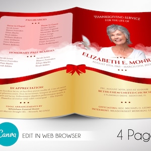 Red Ribbon Funeral Program Template for Canva, Gold, Celebration of ...