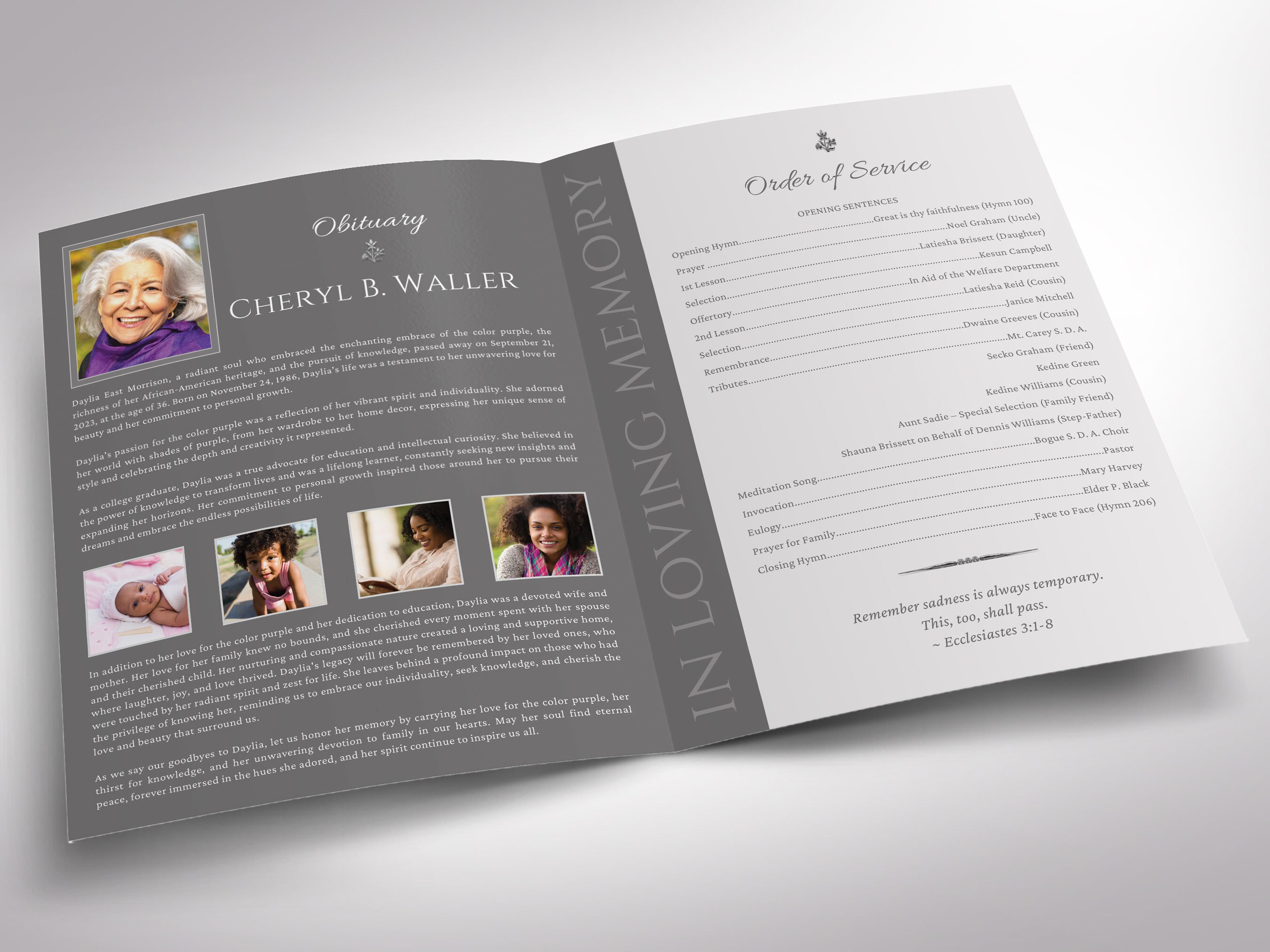 Silver Funeral Program Canva Template: Celebration of Life Bifold ...