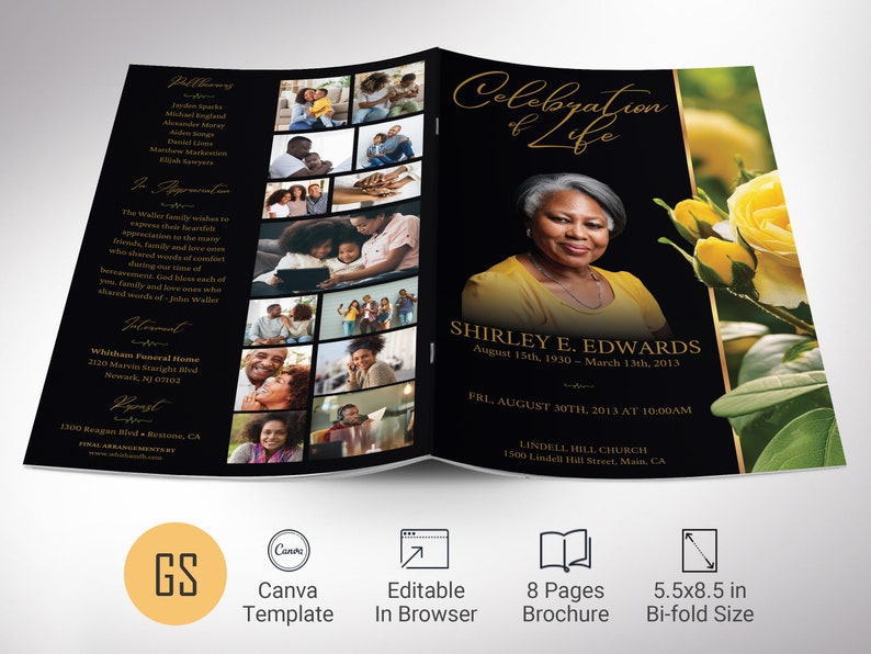 Plantilla de programa funerario Yellow Rose / Canva: Obituario ...