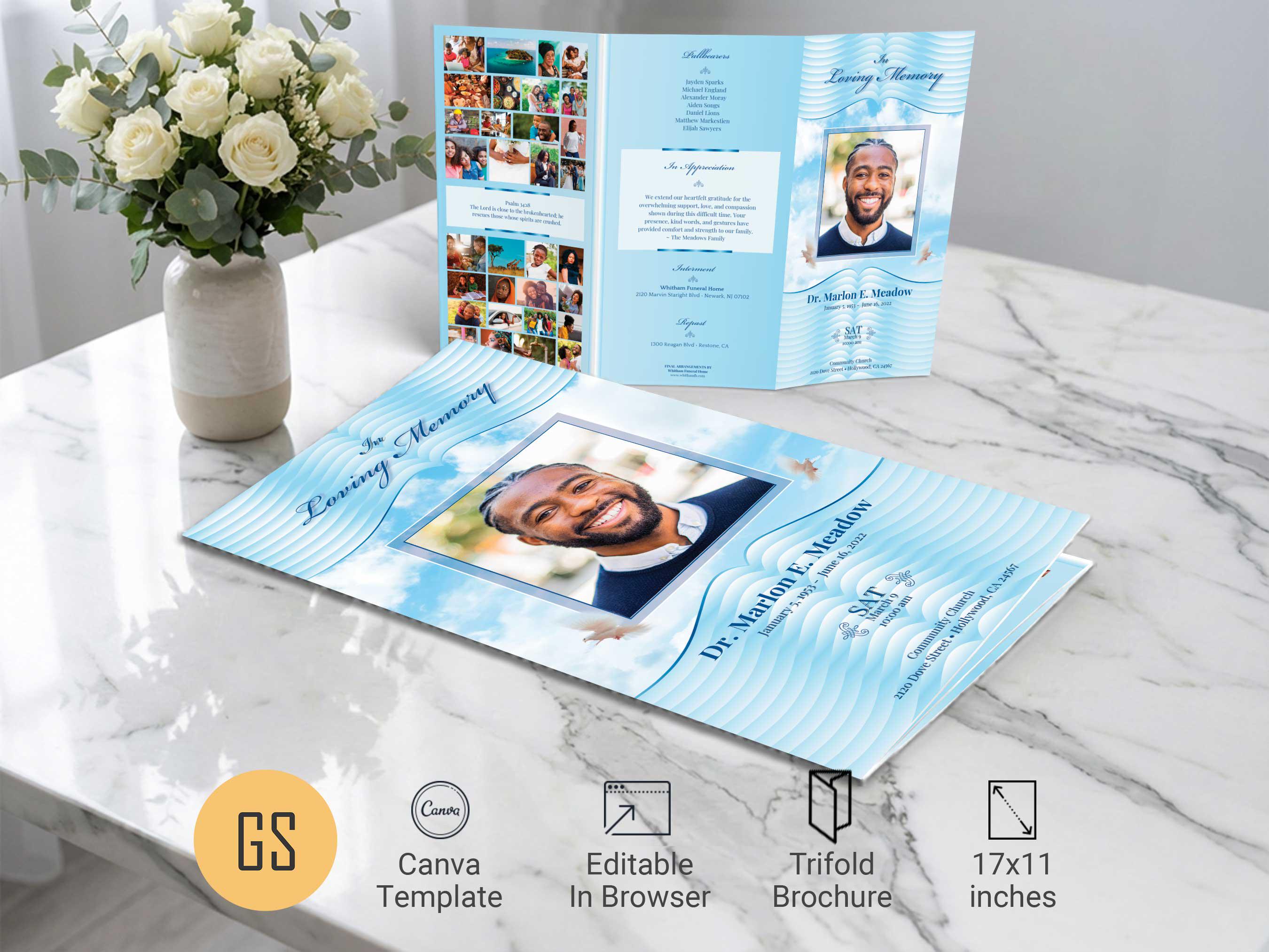 Baby Blue Waves Funeral Program Template | Canva: Tabloid Trifold ...