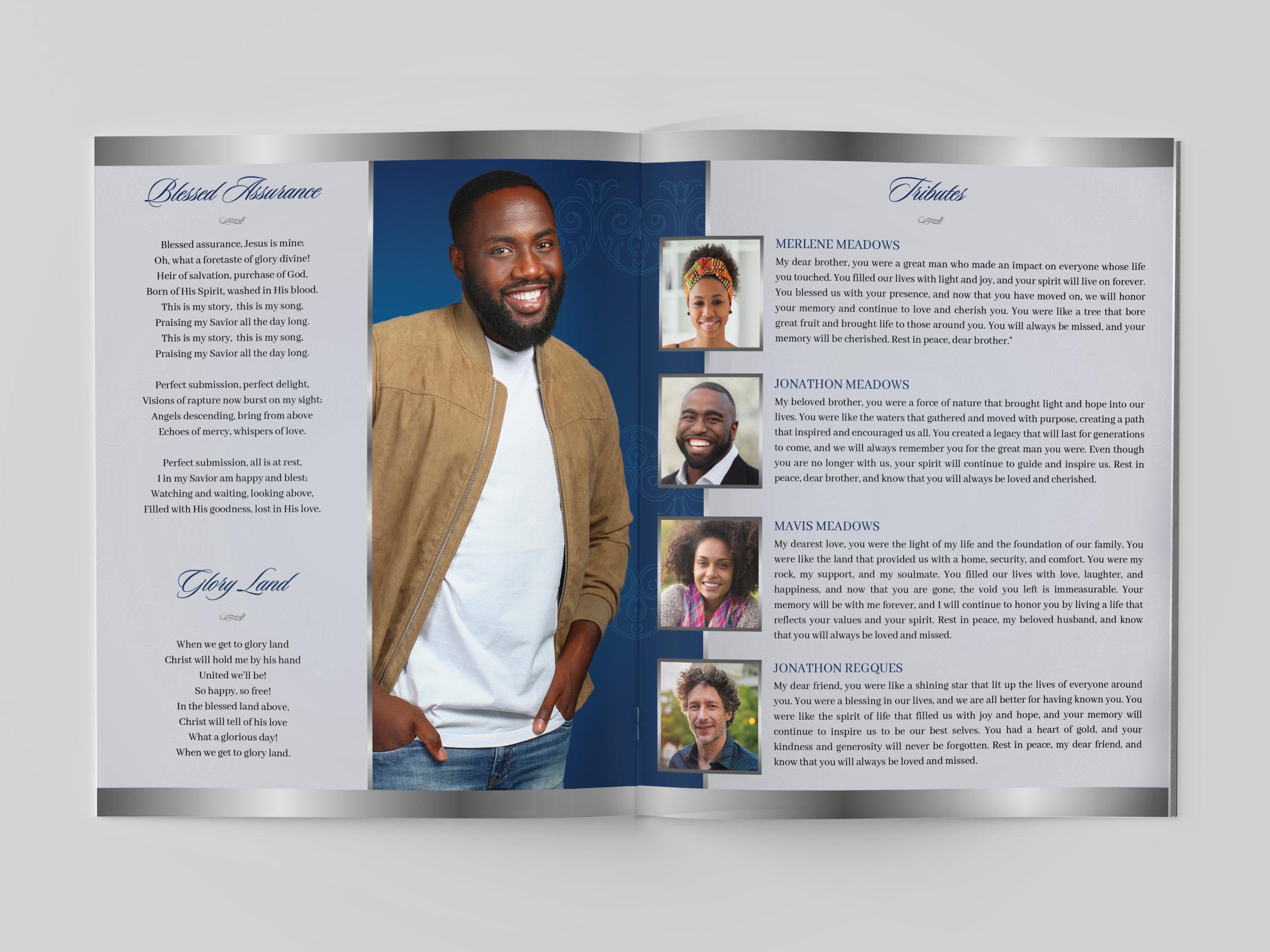 Blue Silver Funeral Program Template: 8-page Bifold Memorial Obituary ...