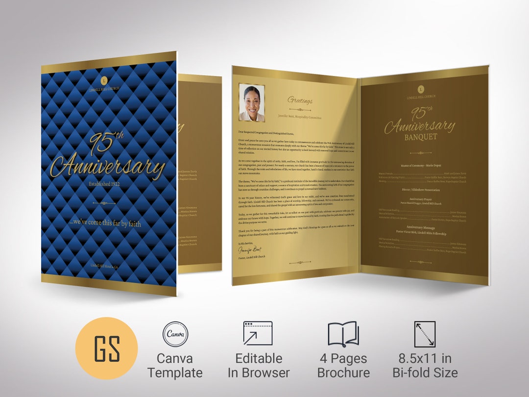 Blue & Gold Church Anniversary Program Template: 11x17 Canva (digital ...