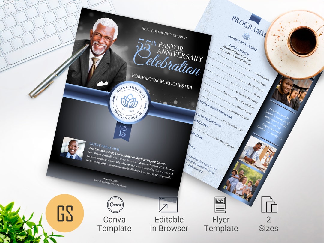 Pastor Anniversary Program Template Set for Canva, Black Blue, Church ...