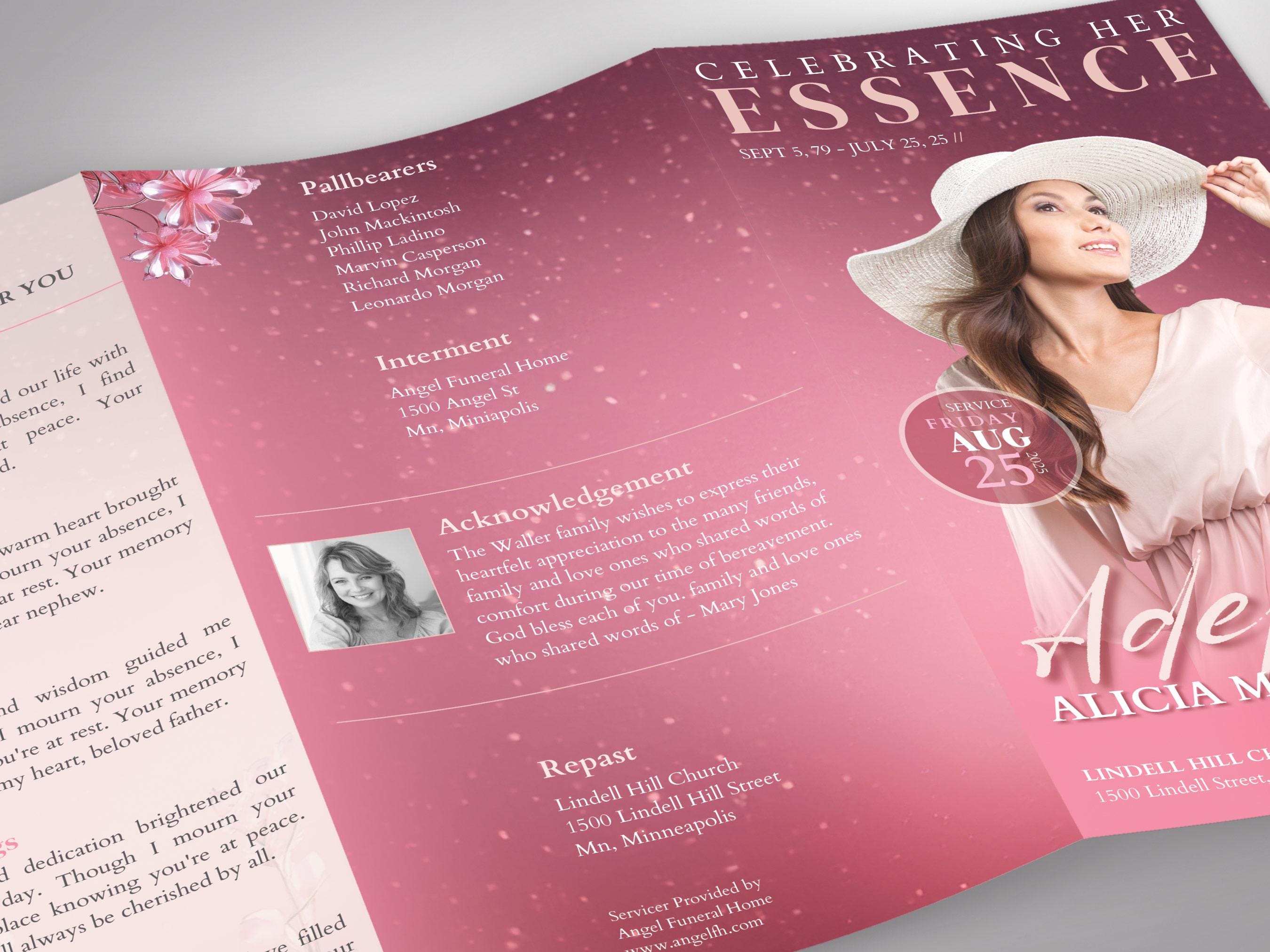 Floral Funeral Program Template: Pink Trifold Celebration of Life ...