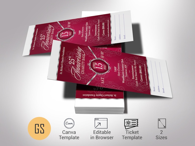 Church Anniversary Gala Ticket Template for Canva: Burgundy & Silver ...