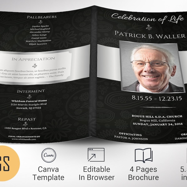 Black Silver Obituary Program - Etsy