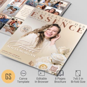 Beige Funeral Program Template for Canva, White Rose Floral, 8-page ...
