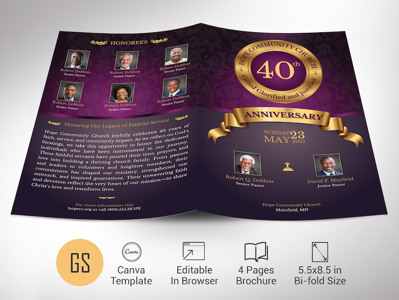 Purple Gold Church Anniversary Program Template, Gala Bulletin (canva ...