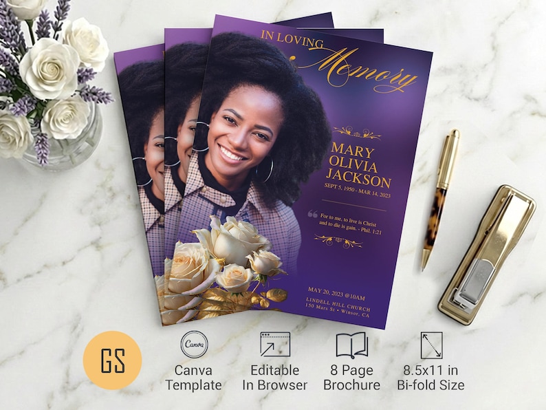 Classic Rose Funeral Program Template: Purple & Gold, 8-page Magazine ...