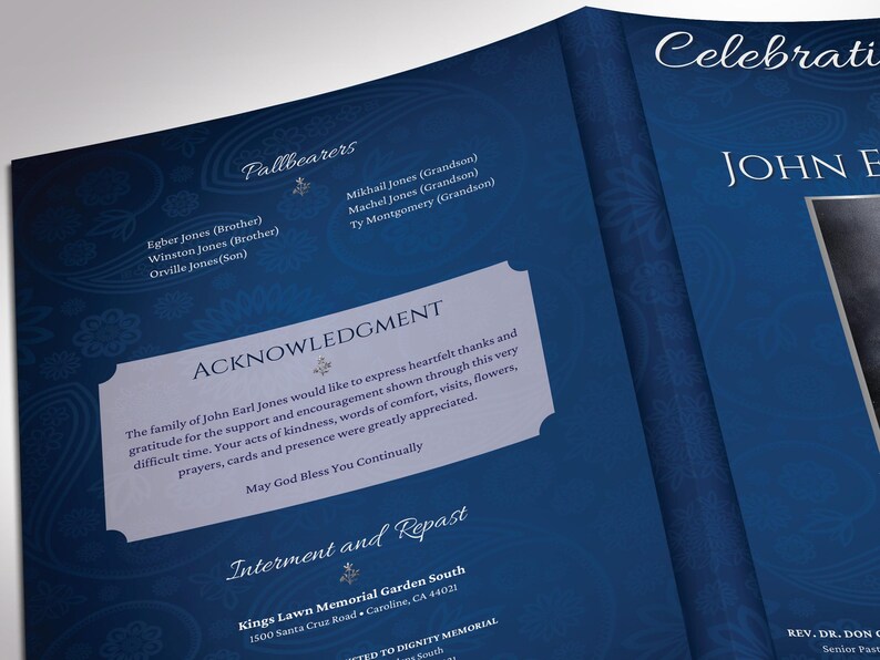 Blue Silver Funeral Program Template, 4 Page Celebration of Life ...