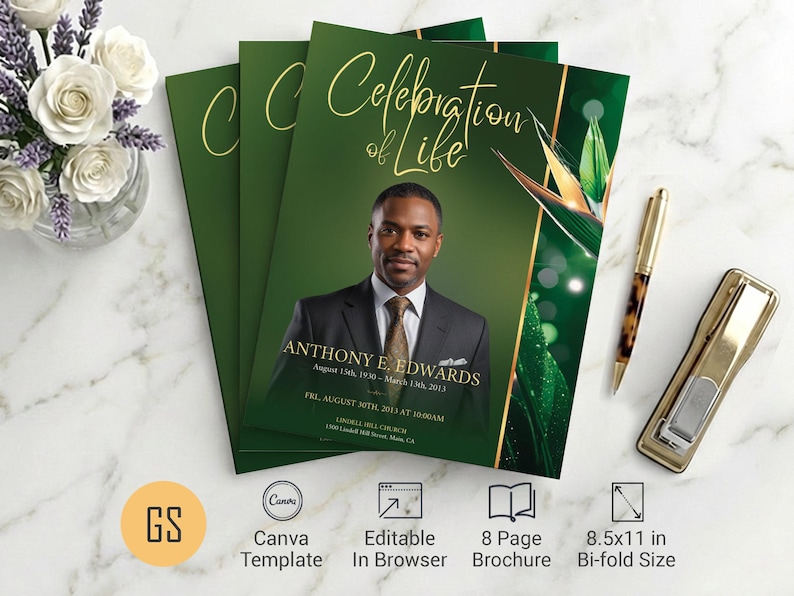 Green Funeral Program Template for Canva: Paradise 8 Page Bifold ...