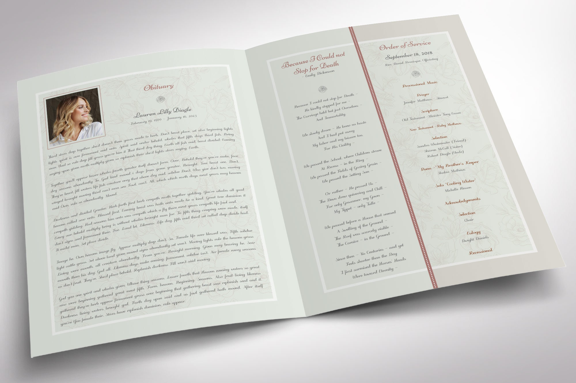 Vintage Funeral Program Template: Pastel Green, 8-page Memorial (canva ...