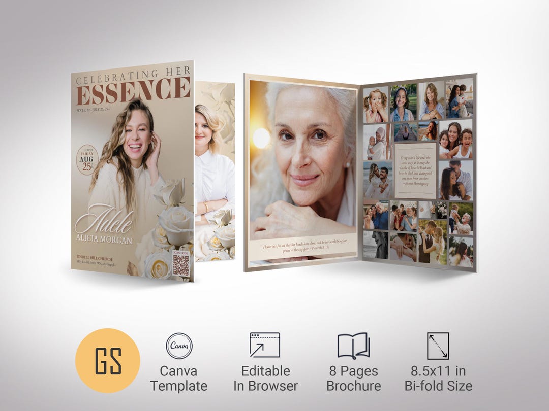 Beige Funeral Program Template for Canva, White Rose Floral, 8-page ...