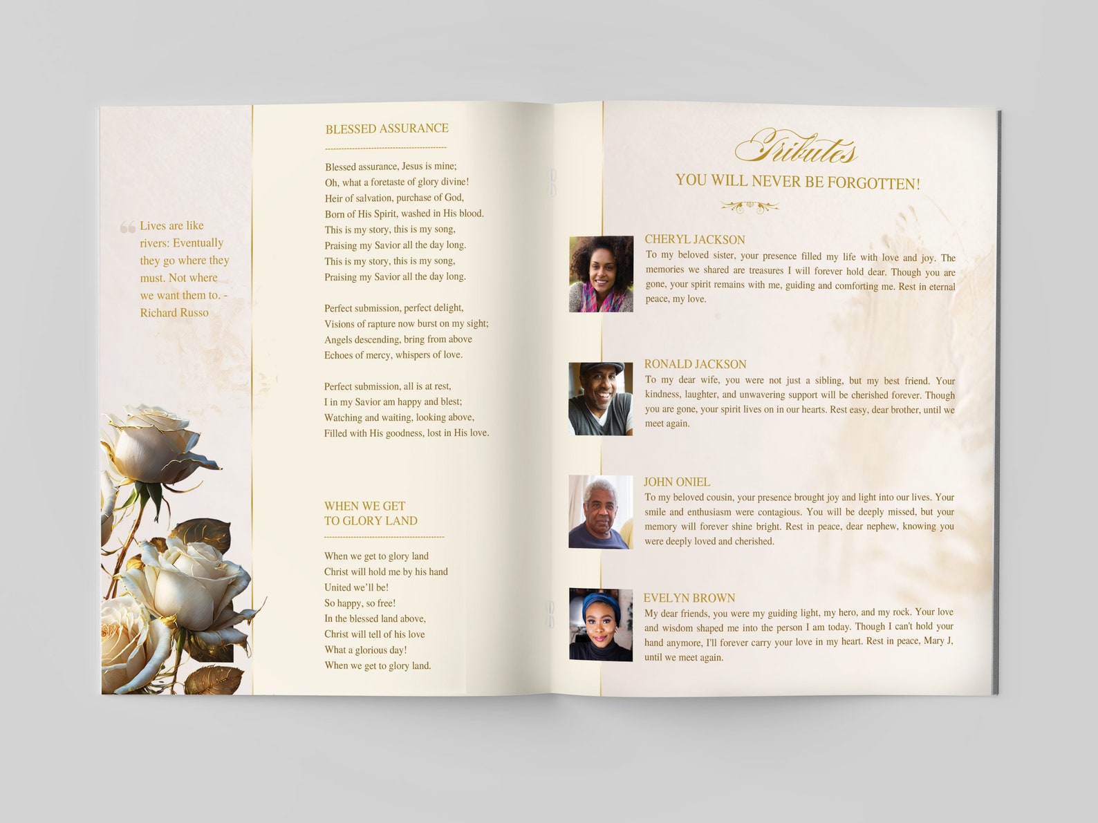 Rose Funeral Program Template: Beige Gold, Magazine-style Bifold ...
