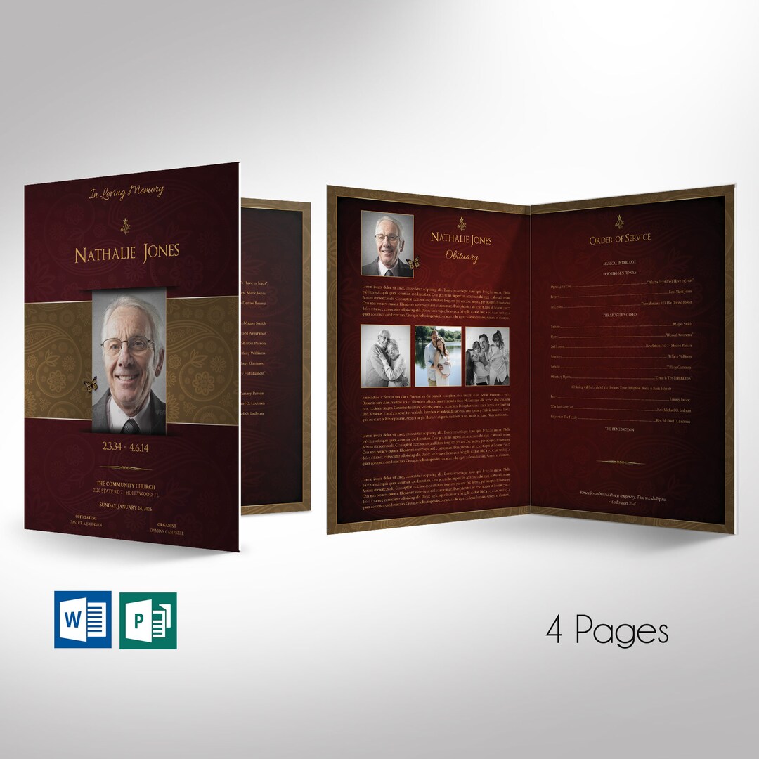 Maroon Tabloid Funeral Program Template Set, Word and Publisher ...