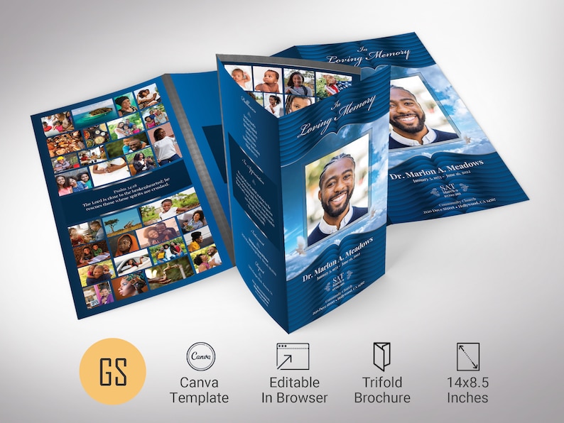 Blue Silver Funeral Program Template: Trifold Celebration of Life ...