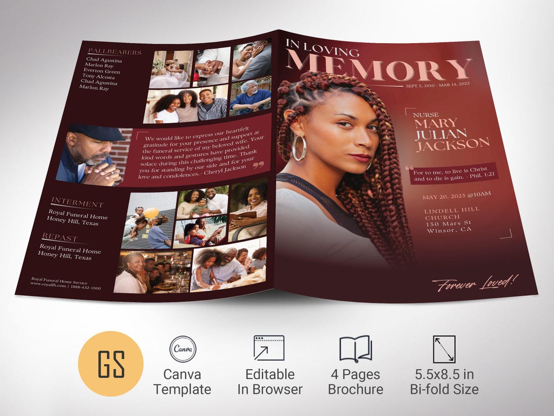 Orange Funeral Program Template Canva 4 Page Magazine Style Obituary 5 ...