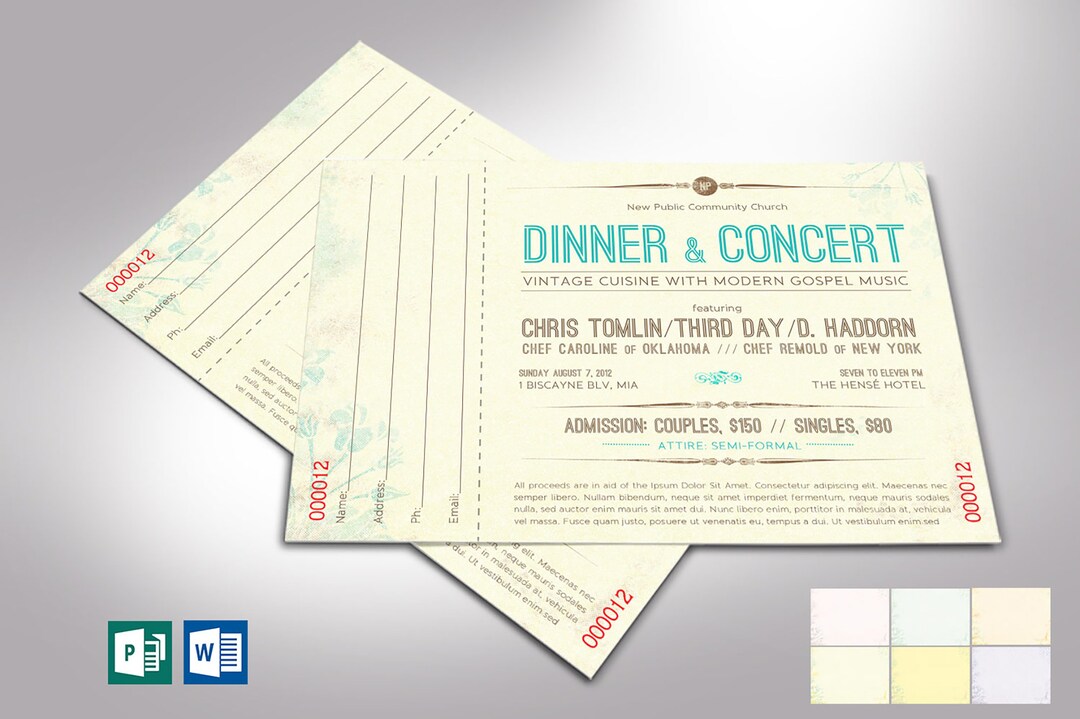Vintage Banquet Ticket Template Set, Word and Publisher, Teal and ...