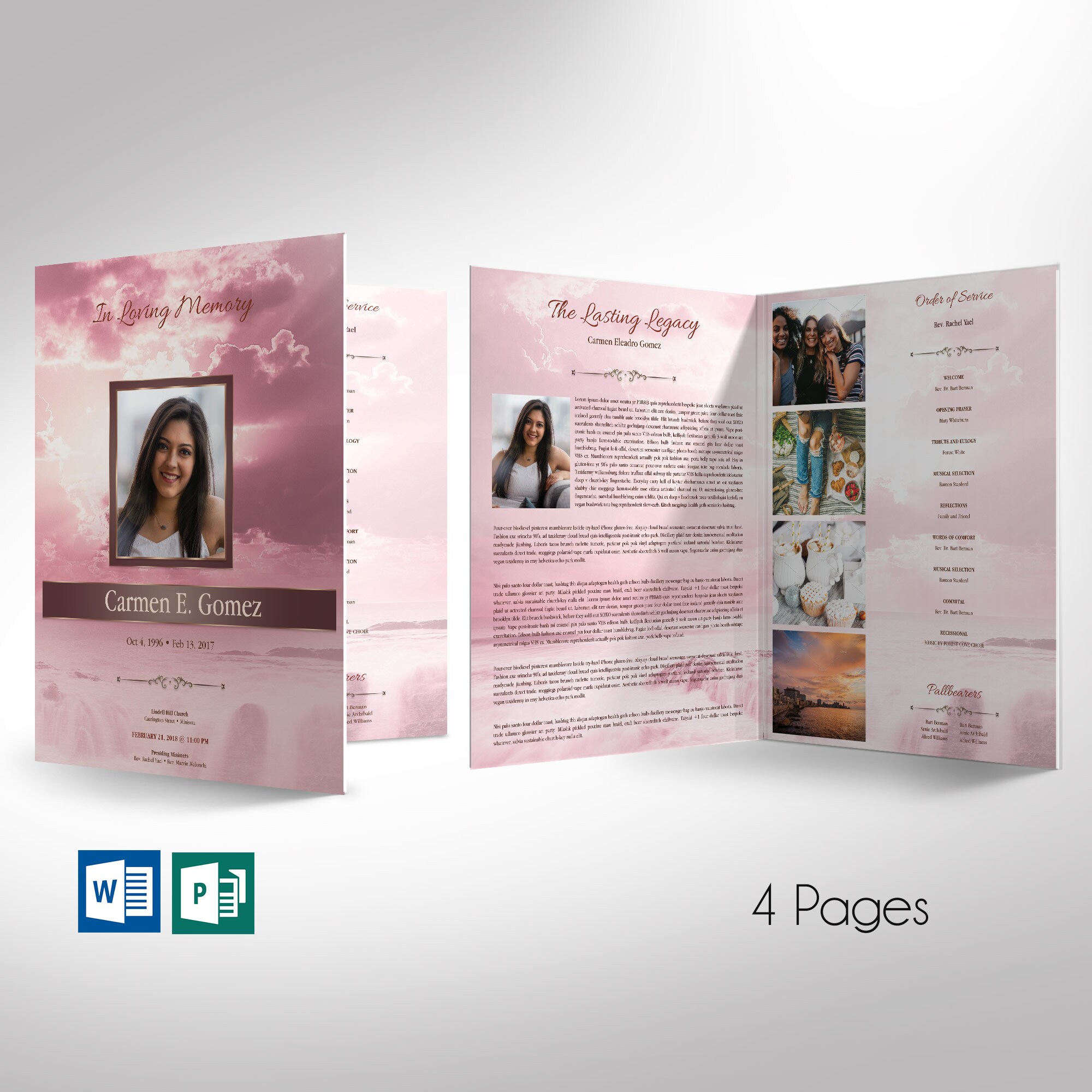 Pink Sunrise Funeral Program Template for Word and Publisher: 4 Page ...