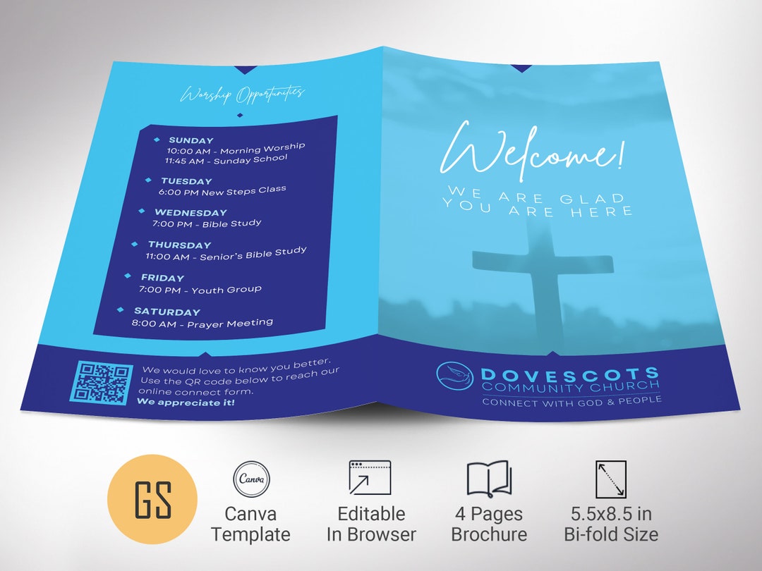 Modern Church Welcome Brochure Template: Cyan Blue, 4-page Bifold ...