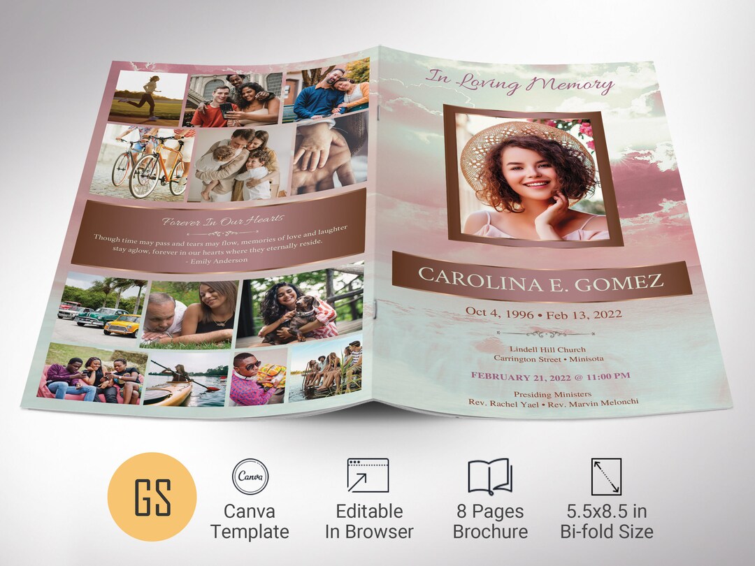 Retro Forever Funeral Program Template for Canva, Rose Gold, Editable ...