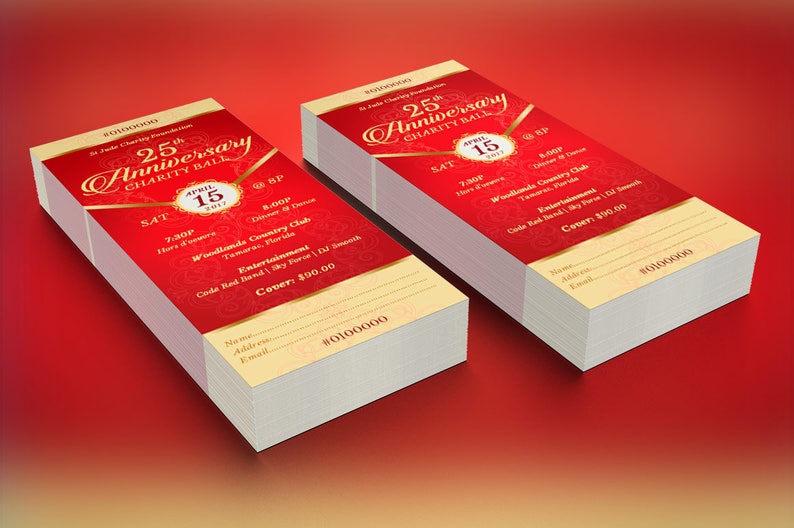 Red Gold Anniversary Banquet Ticket Template (word & Publisher, 3x7 In ...