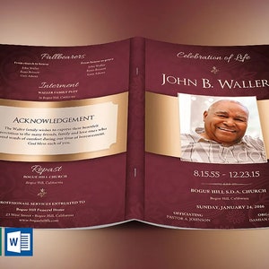 Vintage Maroon Funeral Program Template Set, Word and Publisher ...