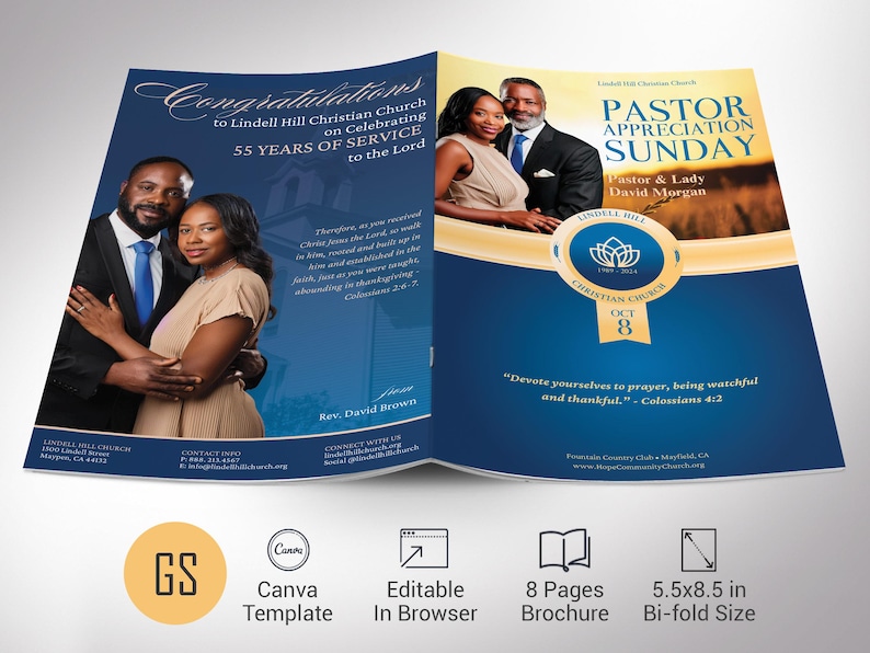 Blue & Gold Pastor Anniversary Program Template: 8-page Bifold Church ...