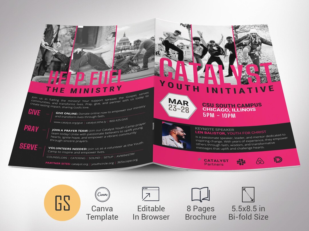 Youth Conference Program Template: Magenta & Black 8-page Bifold Church ...