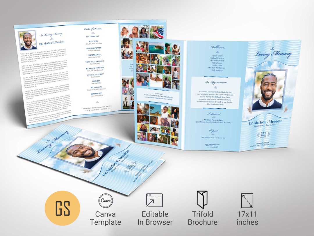 Baby Blue Funeral Program Template: Trifold Obituary Design (11x17 In ...