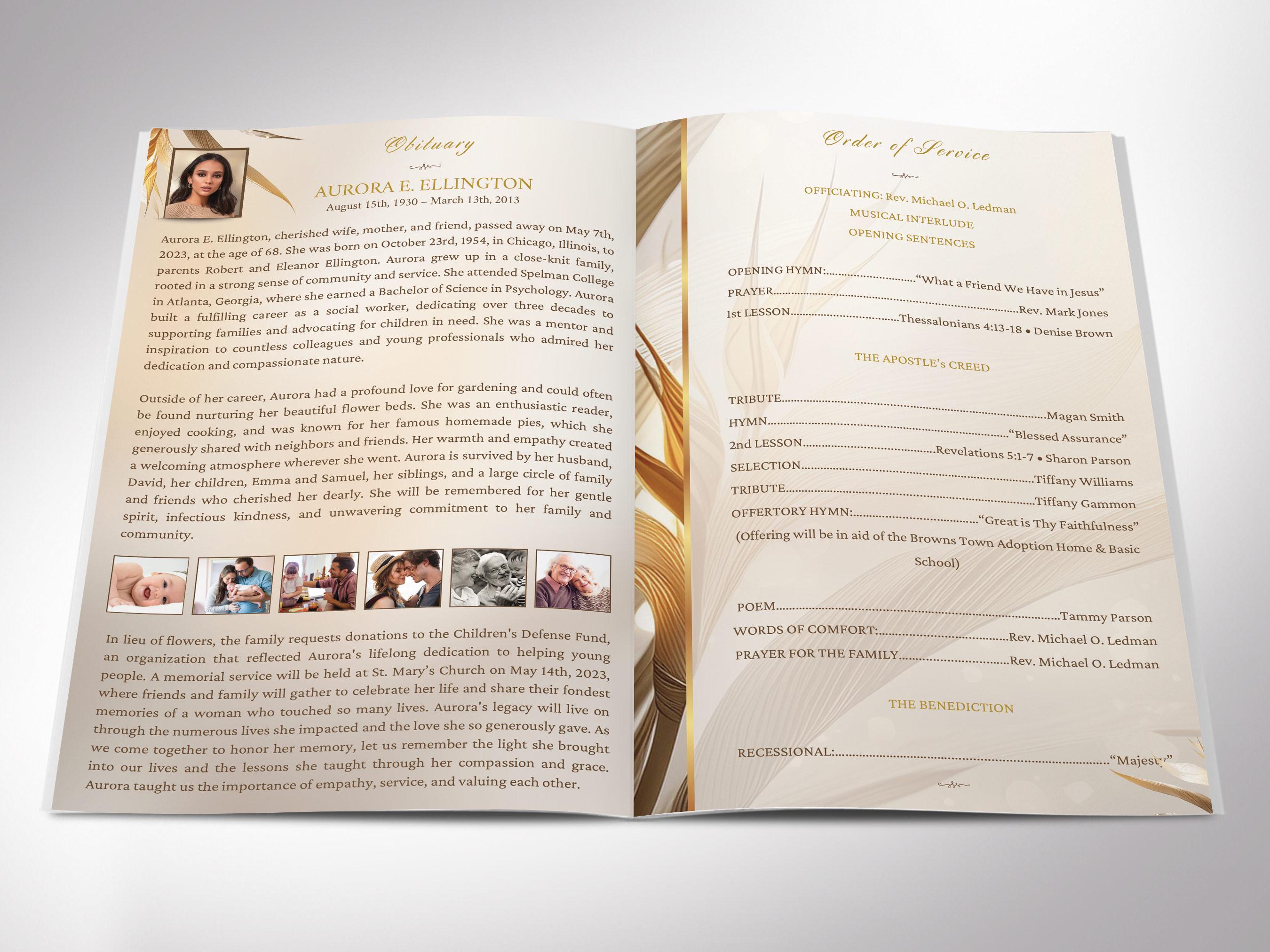 Beige & Gold Funeral Program Template | Canva: Floral 8-page Bifold ...