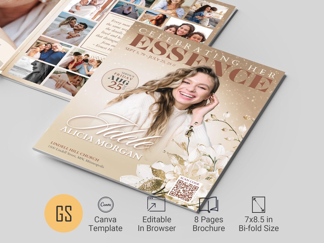 Beige Funeral Program Template for Canva, Floral 8-page, Legal Size ...